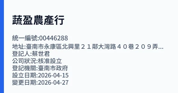 蔬盈農產行的照片-統編 00446288(臺南市) 公司登記資料與營業項目詳細圖表