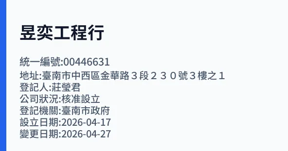 昱奕工程行的照片-統編 00446631(臺南市) 公司登記資料與營業項目詳細圖表