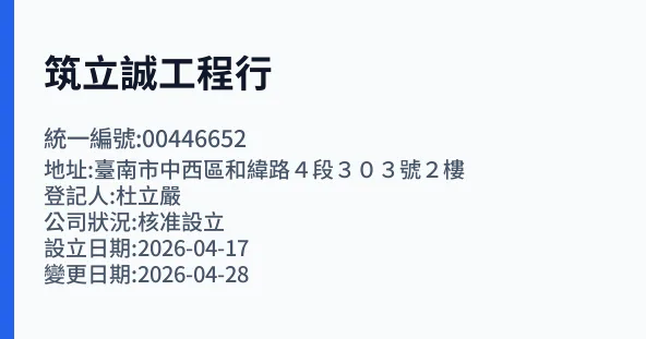 筑立誠工程行的照片-統編 00446652(臺南市) 公司登記資料與營業項目詳細圖表