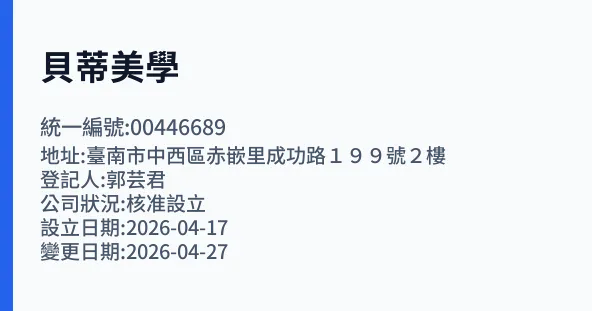 貝蒂美學的照片-統編 00446689(臺南市) 公司登記資料與營業項目詳細圖表
