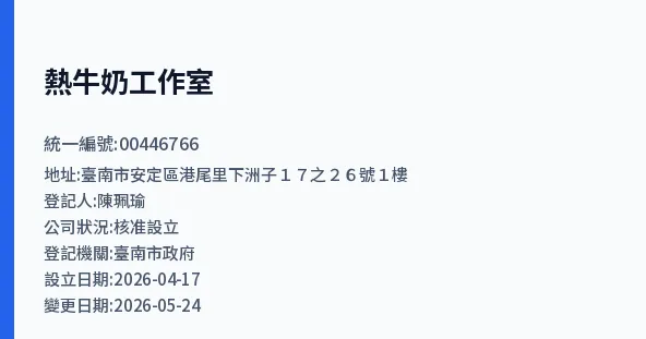 熱牛奶工作室的照片-統編 00446766(臺南市) 公司登記資料與營業項目詳細圖表