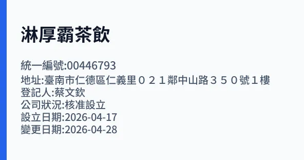 淋厚霸茶飲的照片-統編 00446793(臺南市) 公司登記資料與營業項目詳細圖表