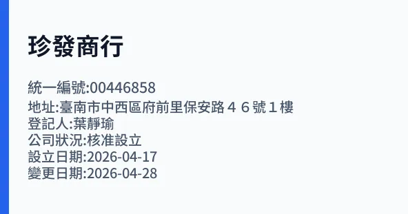 珍發商行的照片-統編 00446858(臺南市) 公司登記資料與營業項目詳細圖表
