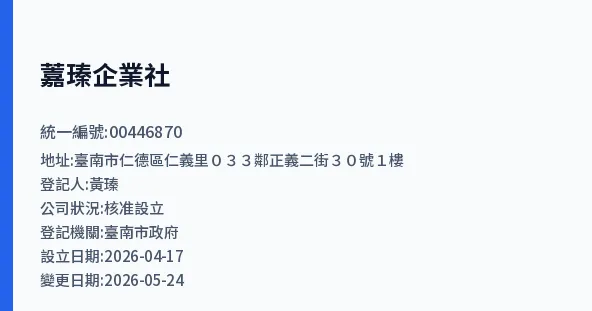 䕒瑧企業社的照片-統編 00446870(臺南市) 公司登記資料與營業項目詳細圖表