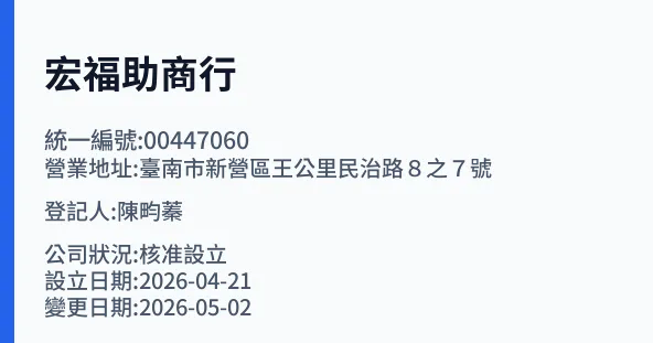 宏福助商行的照片-統編 00447060(臺南市) 公司登記資料與營業項目詳細圖表