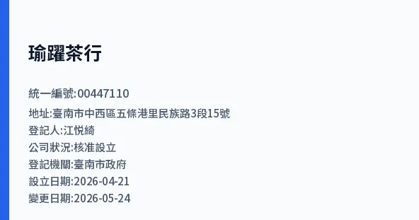 瑜躍茶行的照片-統編 00447110(臺南市) 公司登記資料與營業項目詳細圖表