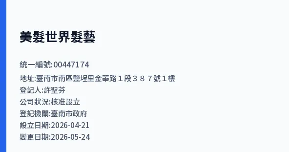 美髮世界髮藝的照片-統編 00447174(臺南市) 公司登記資料與營業項目詳細圖表