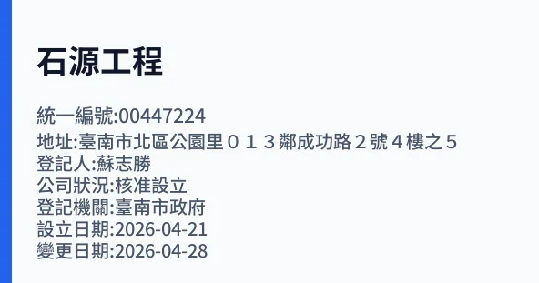 石源工程的照片-統編 00447224(臺南市) 公司登記資料與營業項目詳細圖表