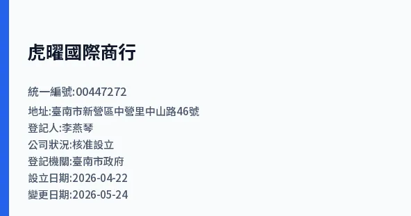 虎曜國際商行的照片-統編 00447272(臺南市) 公司登記資料與營業項目詳細圖表