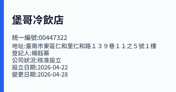 堡哥冷飲店的照片-統編 00447322(臺南市) 公司登記資料與營業項目詳細圖表