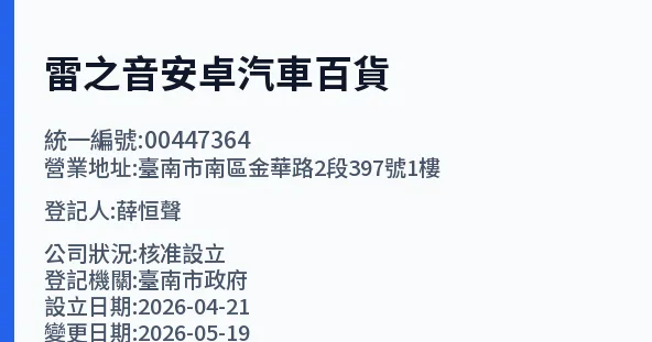 雷之音安卓汽車百貨的照片-統編 00447364(臺南市) 公司登記資料與營業項目詳細圖表