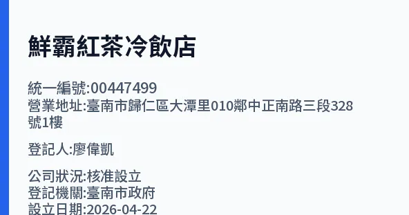 鮮霸紅茶冷飲店的照片-統編 00447499(臺南市) 公司登記資料與營業項目詳細圖表