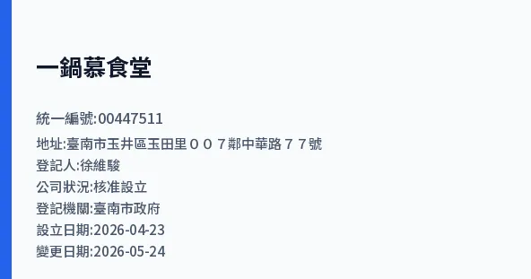 一鍋慕食堂的照片-統編 00447511(臺南市) 公司登記資料與營業項目詳細圖表