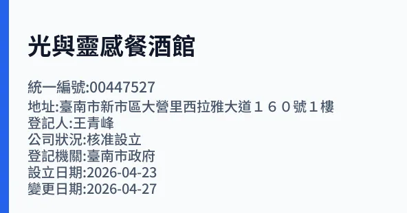 光與靈感餐酒館的照片-統編 00447527(臺南市) 公司登記資料與營業項目詳細圖表