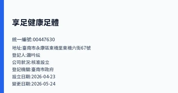 享足健康足體的照片-統編 00447630(臺南市) 公司登記資料與營業項目詳細圖表