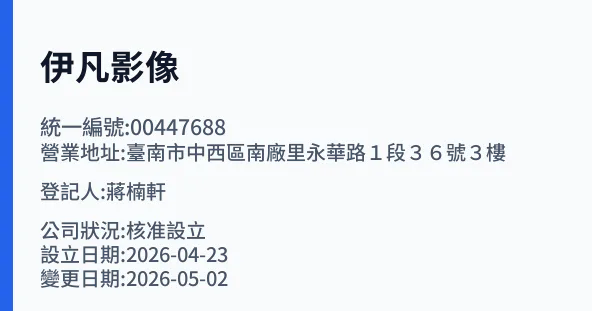 伊凡影像的照片-統編 00447688(臺南市) 公司登記資料與營業項目詳細圖表