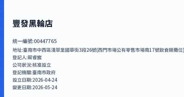 豐發黑輪店的照片-統編 00447765(臺南市) 公司登記資料與營業項目詳細圖表