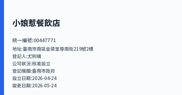 小娘惹餐飲店的照片-統編 00447771(臺南市) 公司登記資料與營業項目詳細圖表