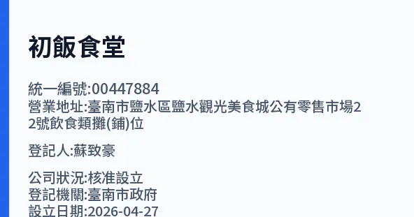 初飯食堂的照片-統編 00447884(臺南市) 公司登記資料與營業項目詳細圖表