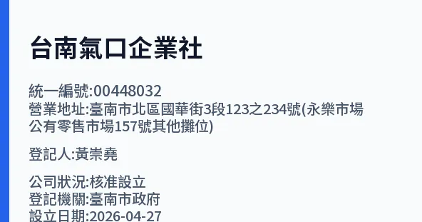 台南氣口企業社的照片-統編 00448032(臺南市) 公司登記資料與營業項目詳細圖表