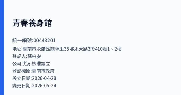 青春養身館的照片-統編 00448201(臺南市) 公司登記資料與營業項目詳細圖表
