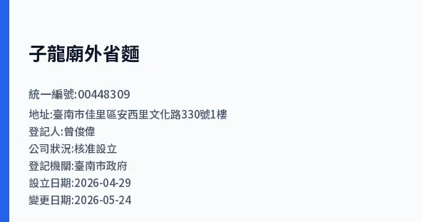 子龍廟外省麵的照片-統編 00448309(臺南市) 公司登記資料與營業項目詳細圖表