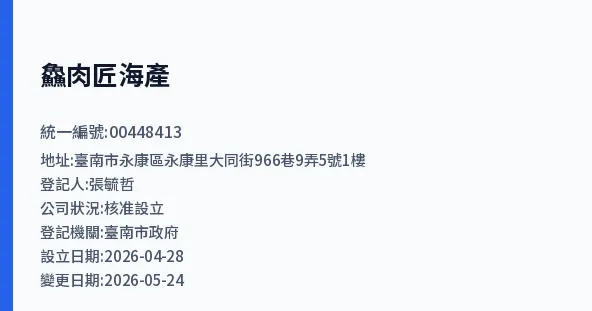 鱻肉匠海產的照片-統編 00448413(臺南市) 公司登記資料與營業項目詳細圖表