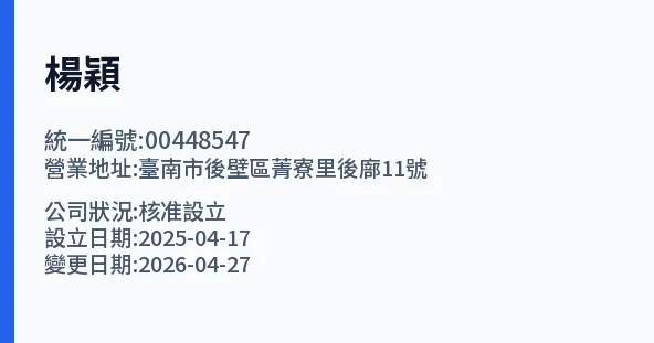 楊穎的照片-統編 00448547(臺南市) 公司登記資料與營業項目詳細圖表