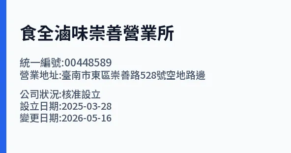 食全滷味崇善營業所的照片-統編 00448589(臺南市) 公司登記資料與營業項目詳細圖表