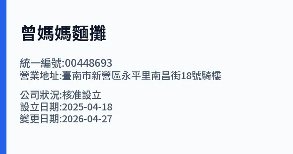 曾媽媽麵攤的照片-統編 00448693(臺南市) 公司登記資料與營業項目詳細圖表