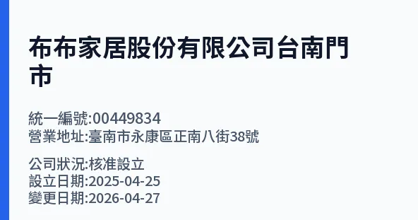 布布家居股份有限公司台南門市的照片-統編 00449834(臺南市) 公司登記資料與營業項目詳細圖表