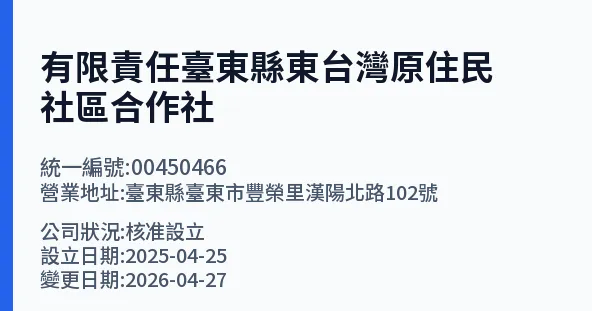 有限責任臺東縣東台灣原住民社區合作社的照片-統編 00450466(臺東縣) 公司登記資料與營業項目詳細圖表