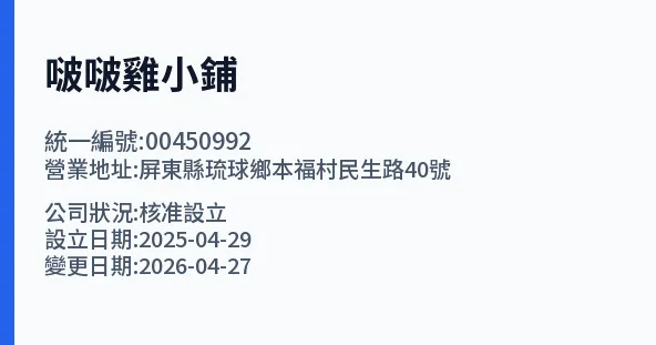 啵啵雞小鋪的照片-統編 00450992(屏東縣) 公司登記資料與營業項目詳細圖表