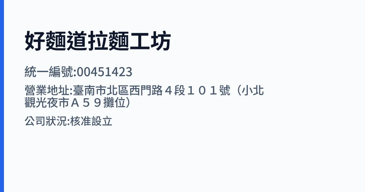 好麵道拉麵工坊 - 統編 00451423(臺南市) 公司登記資料與營業項目詳細圖表