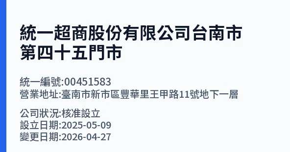 統一超商股份有限公司台南市第四十五門市的照片-統編 00451583(臺南市) 公司登記資料與營業項目詳細圖表