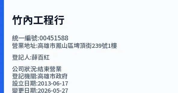 竹內工程行的照片-統編 00451588(高雄市) 公司登記資料與營業項目詳細圖表