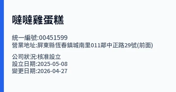 噠噠雞蛋糕的照片-統編 00451599(屏東縣) 公司登記資料與營業項目詳細圖表