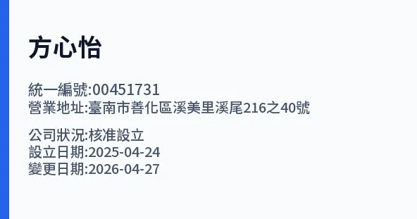 方心怡的照片-統編 00451731(臺南市) 公司登記資料與營業項目詳細圖表