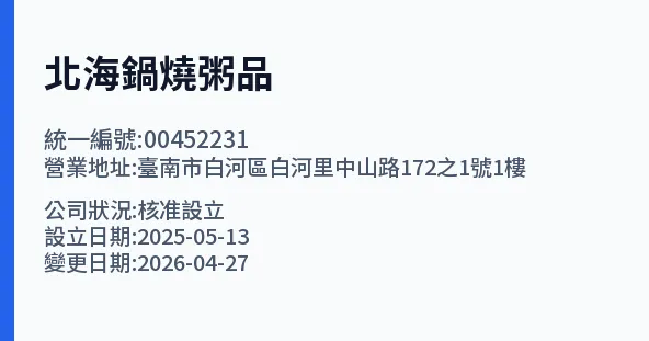 北海鍋燒粥品的照片-統編 00452231(臺南市) 公司登記資料與營業項目詳細圖表