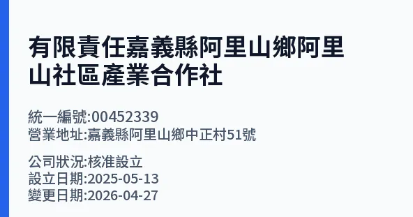 有限責任嘉義縣阿里山鄉阿里山社區產業合作社的照片-統編 00452339(嘉義縣) 公司登記資料與營業項目詳細圖表