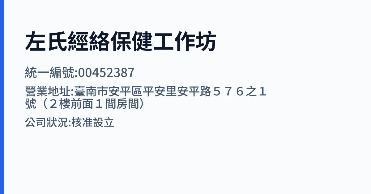 左氏經絡保健工作坊 - 統編 00452387(臺南市) 公司登記資料與營業項目詳細圖表