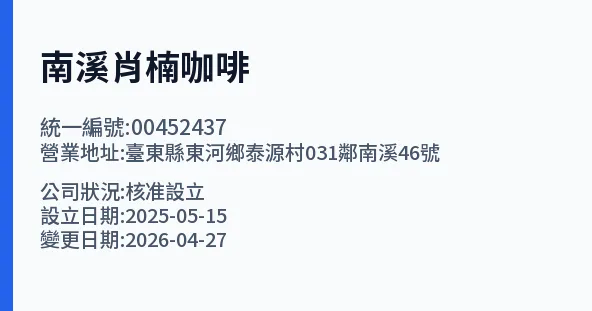 南溪肖楠咖啡的照片-統編 00452437(臺東縣) 公司登記資料與營業項目詳細圖表