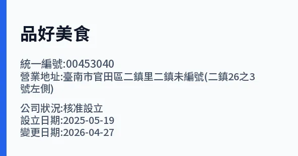 品好美食的照片-統編 00453040(臺南市) 公司登記資料與營業項目詳細圖表