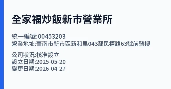 全家福炒飯新市營業所的照片-統編 00453203(臺南市) 公司登記資料與營業項目詳細圖表