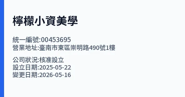 檸檬小資美學的照片-統編 00453695(臺南市) 公司登記資料與營業項目詳細圖表