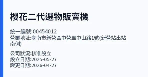 櫻花二代選物販賣機的照片-統編 00454012(臺南市) 公司登記資料與營業項目詳細圖表