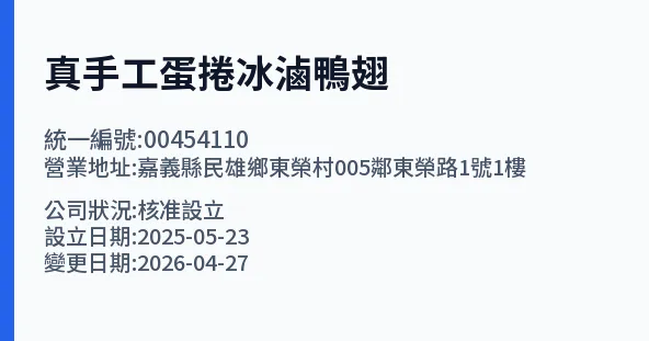 真手工蛋捲冰滷鴨翅的照片-統編 00454110(嘉義縣) 公司登記資料與營業項目詳細圖表