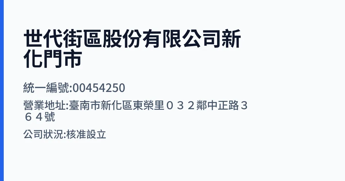 世代街區股份有限公司新化門市 - 統編 00454250(臺南市) 公司登記資料與營業項目詳細圖表