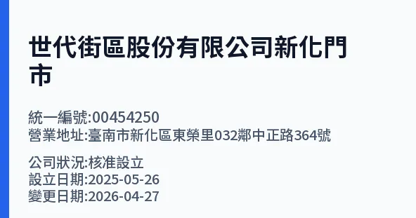 世代街區股份有限公司新化門市的照片-統編 00454250(臺南市) 公司登記資料與營業項目詳細圖表