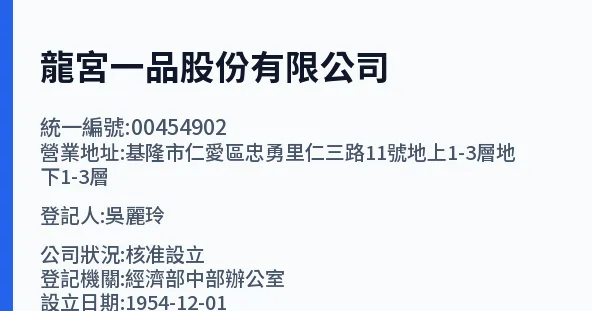龍宮一品股份有限公司的照片-統編 00454902(基隆市) 公司登記資料與營業項目詳細圖表